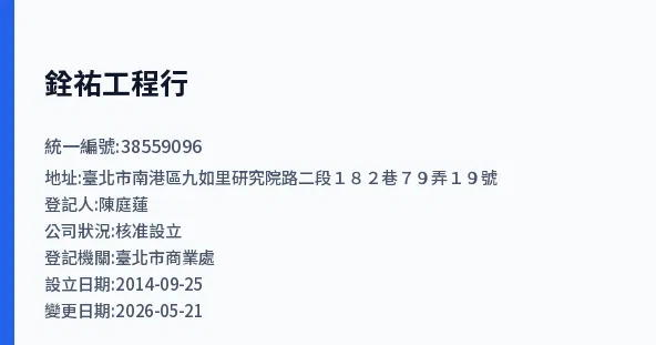 銓祐工程行的照片-統編 38559096(臺北市) 公司登記資料與營業項目詳細圖表