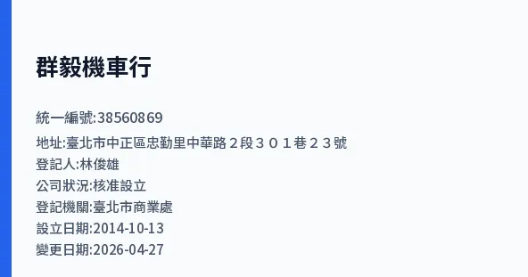 群毅機車行的照片-統編 38560869(臺北市) 公司登記資料與營業項目詳細圖表