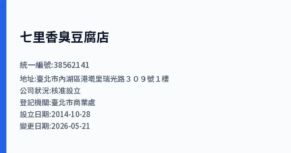 七里香臭豆腐店的照片-統編 38562141(臺北市) 公司登記資料與營業項目詳細圖表