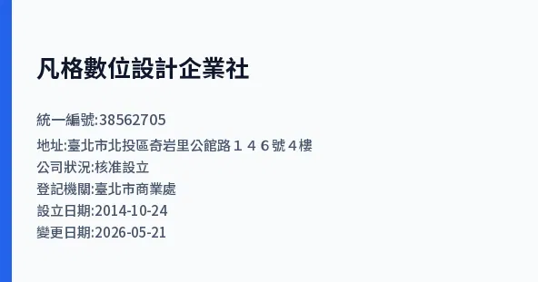 凡格數位設計企業社的照片-統編 38562705(臺北市) 公司登記資料與營業項目詳細圖表