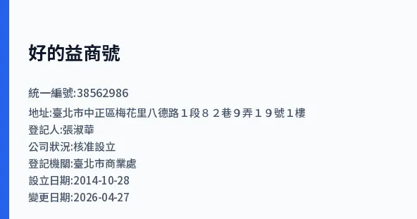 好的益商號的照片-統編 38562986(臺北市) 公司登記資料與營業項目詳細圖表