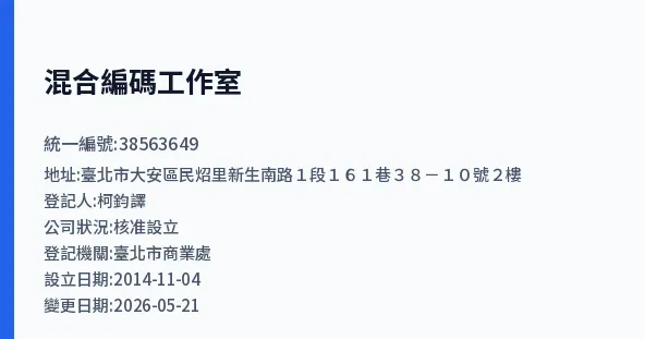 混合編碼工作室的照片-統編 38563649(臺北市) 公司登記資料與營業項目詳細圖表