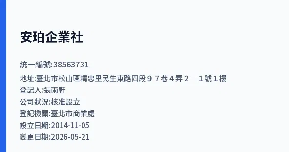 安珀企業社的照片-統編 38563731(臺北市) 公司登記資料與營業項目詳細圖表