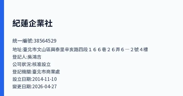 紀蓮企業社的照片-統編 38564529(臺北市) 公司登記資料與營業項目詳細圖表