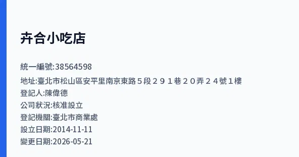 卉合小吃店的照片-統編 38564598(臺北市) 公司登記資料與營業項目詳細圖表