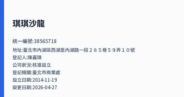 琪琪沙龍的照片-統編 38565718(臺北市) 公司登記資料與營業項目詳細圖表