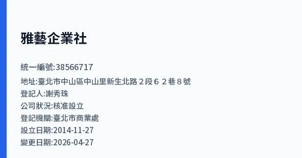 雅藝企業社的照片-統編 38566717(臺北市) 公司登記資料與營業項目詳細圖表