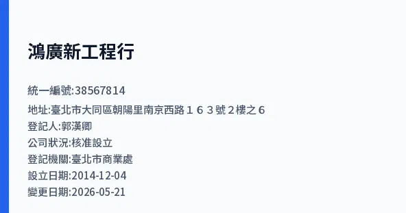 鴻廣新工程行的照片-統編 38567814(臺北市) 公司登記資料與營業項目詳細圖表