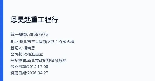 恩昊起重工程行的照片-統編 38567976(新北市) 公司登記資料與營業項目詳細圖表