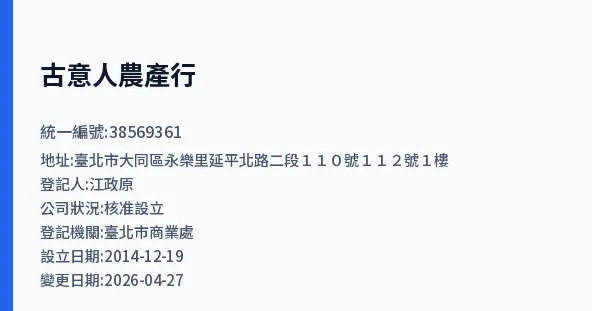 古意人農產行的照片-統編 38569361(臺北市) 公司登記資料與營業項目詳細圖表
