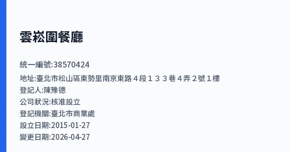 雲崧圍餐廳的照片-統編 38570424(臺北市) 公司登記資料與營業項目詳細圖表