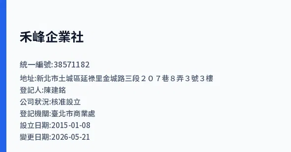 禾峰企業社的照片-統編 38571182(新北市) 公司登記資料與營業項目詳細圖表