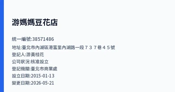 游媽媽豆花店的照片-統編 38571486(臺北市) 公司登記資料與營業項目詳細圖表