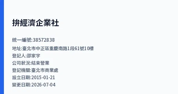 拚經濟企業社的照片-統編 38572838(臺北市) 公司登記資料與營業項目詳細圖表