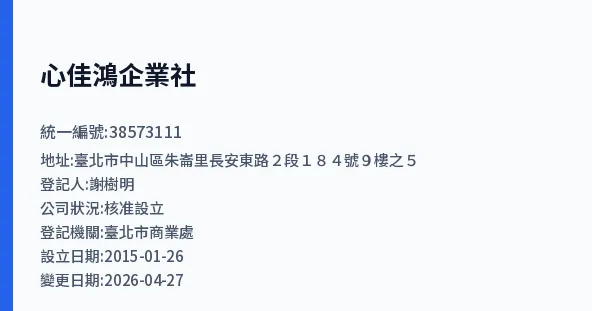 心佳鴻企業社的照片-統編 38573111(臺北市) 公司登記資料與營業項目詳細圖表