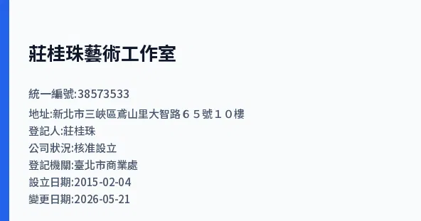 莊桂珠藝術工作室的照片-統編 38573533(新北市) 公司登記資料與營業項目詳細圖表