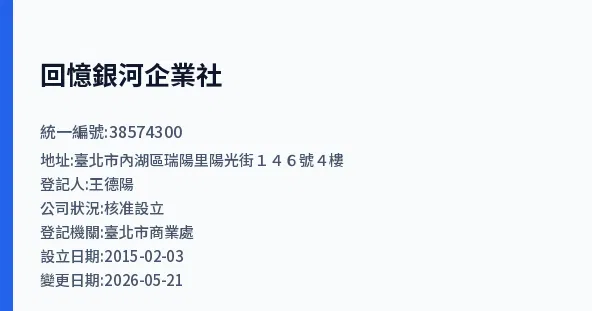 回憶銀河企業社的照片-統編 38574300(臺北市) 公司登記資料與營業項目詳細圖表