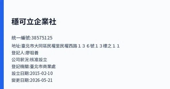 穩可立企業社的照片-統編 38575125(臺北市) 公司登記資料與營業項目詳細圖表