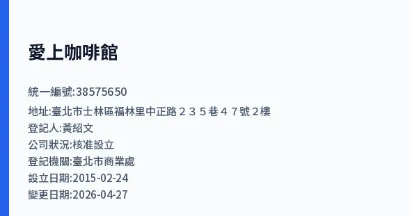 愛上咖啡館的照片-統編 38575650(臺北市) 公司登記資料與營業項目詳細圖表