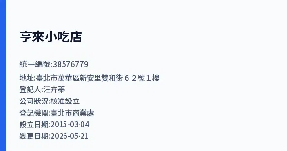 亨來小吃店的照片-統編 38576779(臺北市) 公司登記資料與營業項目詳細圖表