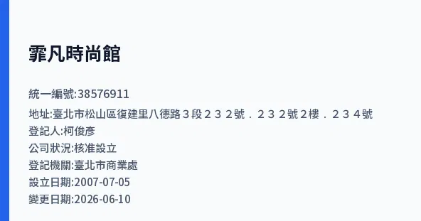 霏凡時尚館的照片-統編 38576911(臺北市) 公司登記資料與營業項目詳細圖表