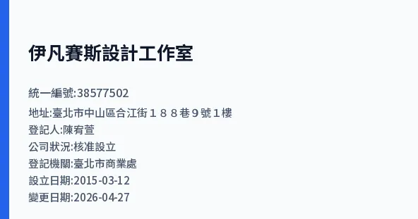伊凡賽斯設計工作室的照片-統編 38577502(臺北市) 公司登記資料與營業項目詳細圖表