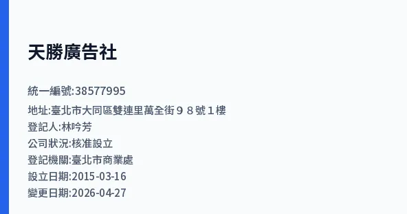 天勝廣告社的照片-統編 38577995(臺北市) 公司登記資料與營業項目詳細圖表