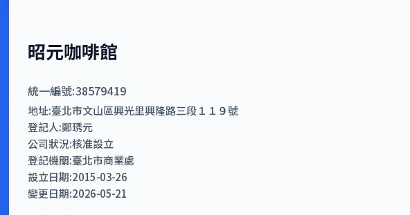 昭元咖啡館的照片-統編 38579419(臺北市) 公司登記資料與營業項目詳細圖表