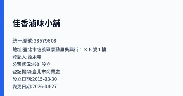 佳香滷味小舖的照片-統編 38579608(臺北市) 公司登記資料與營業項目詳細圖表