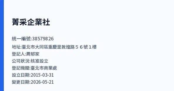 菁采企業社的照片-統編 38579826(臺北市) 公司登記資料與營業項目詳細圖表