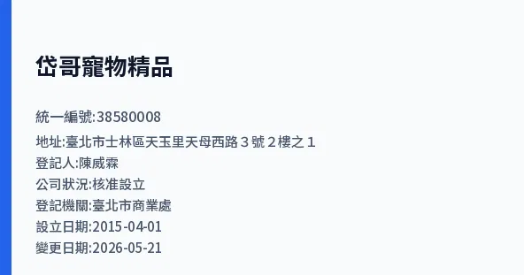 岱哥寵物精品的照片-統編 38580008(臺北市) 公司登記資料與營業項目詳細圖表