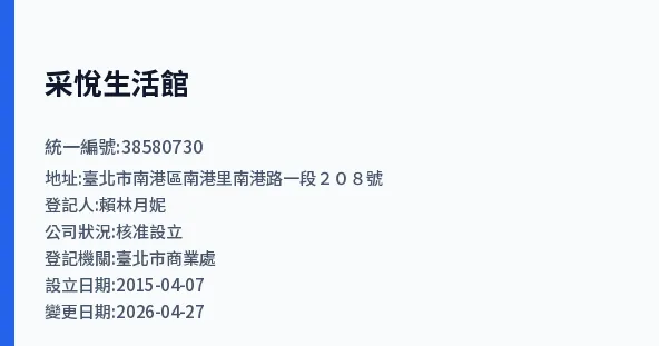 采悅生活館的照片-統編 38580730(臺北市) 公司登記資料與營業項目詳細圖表