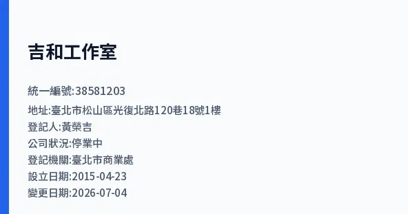 吉和工作室的照片-統編 38581203(臺北市) 公司登記資料與營業項目詳細圖表