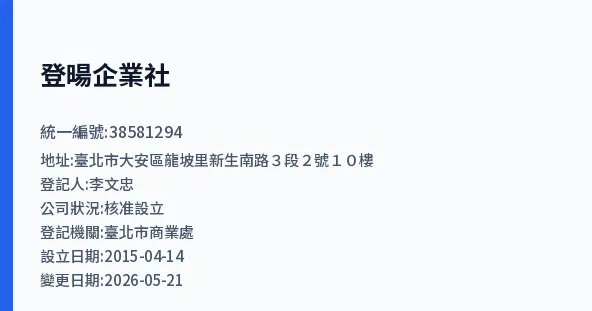 登暘企業社的照片-統編 38581294(臺北市) 公司登記資料與營業項目詳細圖表