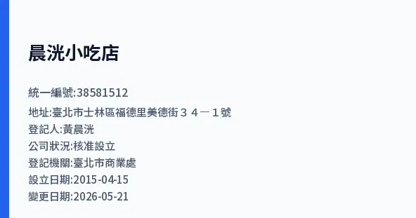 晨洸小吃店的照片-統編 38581512(臺北市) 公司登記資料與營業項目詳細圖表