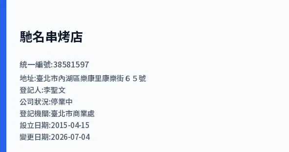馳名串烤店的照片-統編 38581597(臺北市) 公司登記資料與營業項目詳細圖表