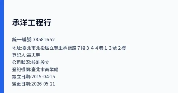 承洋工程行的照片-統編 38581652(臺北市) 公司登記資料與營業項目詳細圖表