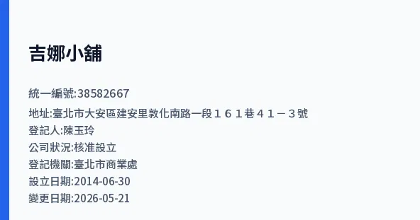 吉娜小舖的照片-統編 38582667(臺北市) 公司登記資料與營業項目詳細圖表