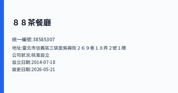 88茶餐廳的照片-統編 38585307(臺北市) 公司登記資料與營業項目詳細圖表