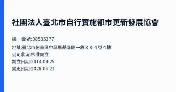 社團法人臺北市自行實施都市更新發展協會的照片-統編 38585377(臺北市) 公司登記資料與營業項目詳細圖表