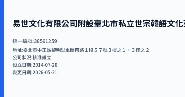 易世文化有限公司附設臺北市私立世宗韓語文化苑文理短期補習班的照片-統編 38591259(臺北市) 公司登記資料與營業項目詳細圖表
