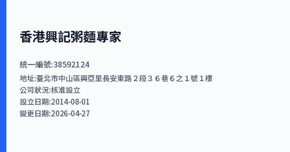香港興記粥麵專家的照片-統編 38592124(臺北市) 公司登記資料與營業項目詳細圖表