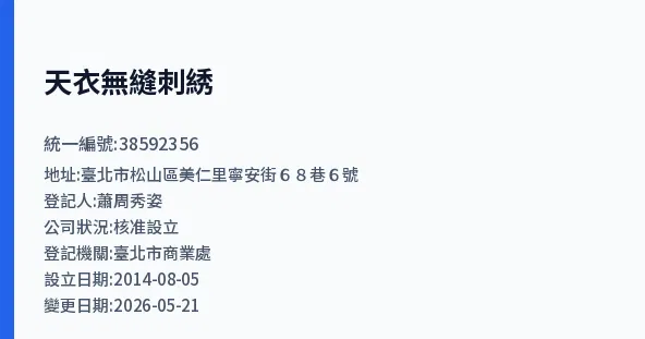 天衣無縫刺綉的照片-統編 38592356(臺北市) 公司登記資料與營業項目詳細圖表