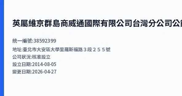 英屬維京群島商威通國際有限公司台灣分公司公館店的照片-統編 38592399(臺北市) 公司登記資料與營業項目詳細圖表