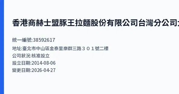 香港商赫士盟豚王拉麵股份有限公司台灣分公司大直門市部的照片-統編 38592617(臺北市) 公司登記資料與營業項目詳細圖表