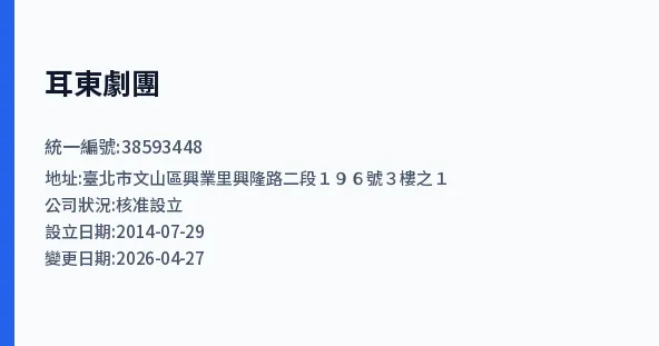 耳東劇團的照片-統編 38593448(臺北市) 公司登記資料與營業項目詳細圖表