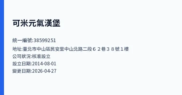 可米元氣漢堡的照片-統編 38599251(臺北市) 公司登記資料與營業項目詳細圖表