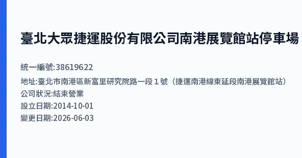 臺北大眾捷運股份有限公司南港展覽館站停車場的照片-統編 38619622(臺北市) 公司登記資料與營業項目詳細圖表
