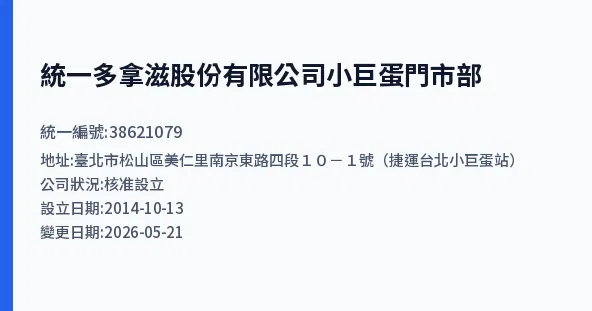 統一多拿滋股份有限公司小巨蛋門市部的照片-統編 38621079(臺北市) 公司登記資料與營業項目詳細圖表