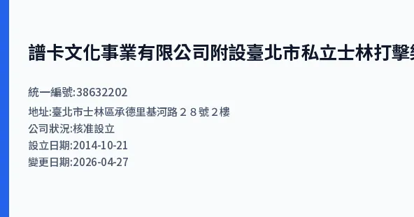 譜卡文化事業有限公司附設臺北市私立士林打擊樂音樂短期補習班的照片-統編 38632202(臺北市) 公司登記資料與營業項目詳細圖表